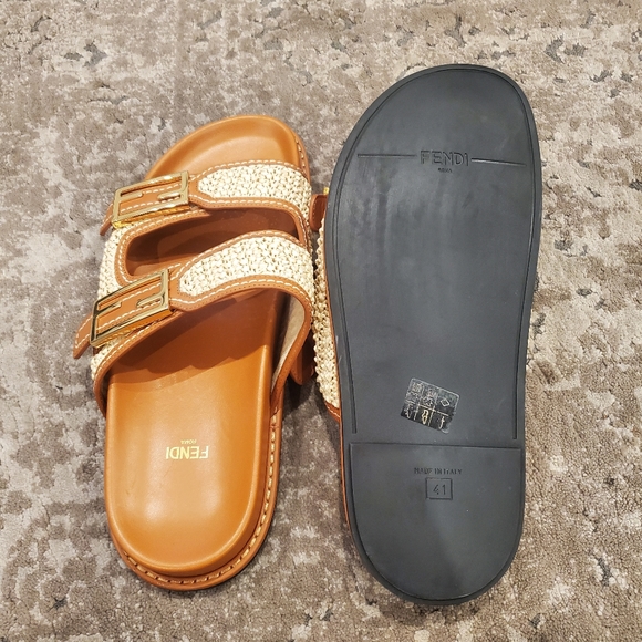 Fendi | Shoes | Fendi Feel Raffia Leather Slide Sandals 4 | Poshmark
